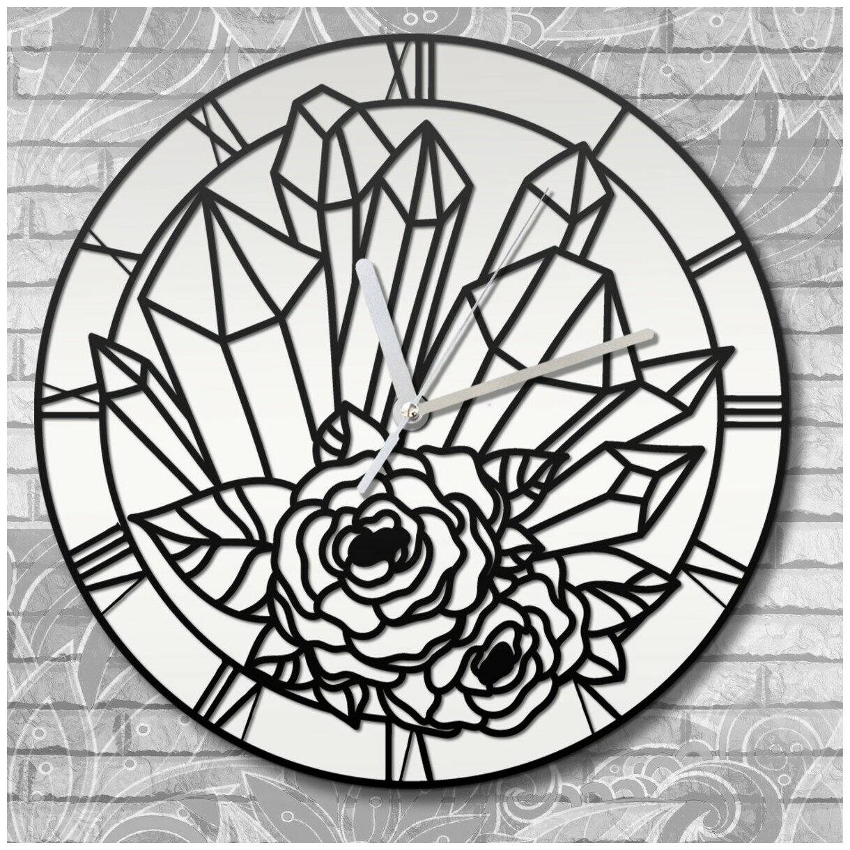 Настенные часы деревянные бесшумные цветы кристаллы - 590