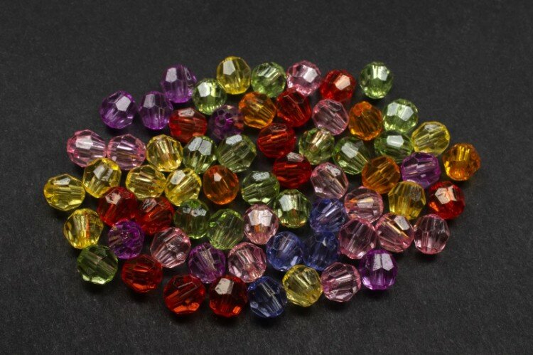 Бусины акриловые круглые граненые 6мм, отверстие 1мм, ассорти цветов, 540-275, 10г (около 90шт)