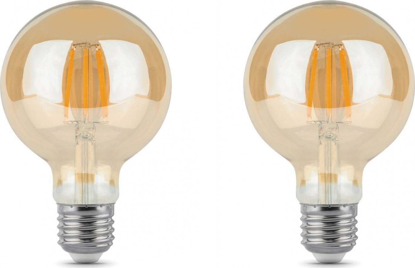 Светодиодная лампа Gauss Black 6W эквивалент 60W 2400K 550Лм E27 ретро лофт золотистая сфера (комплект из 2 шт)