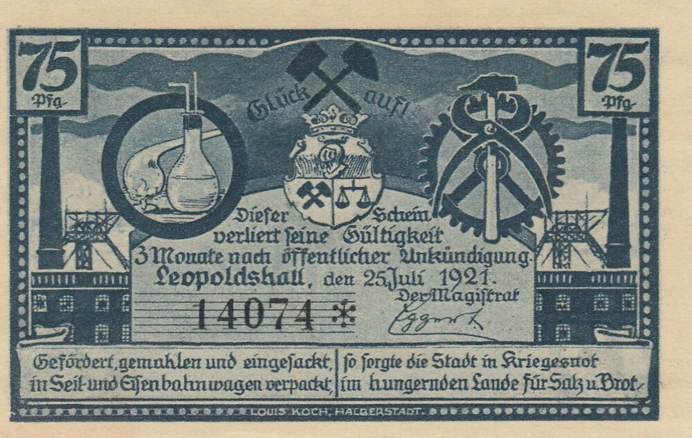 Германия (Веймарская Республика) Леопольдшаль 75 пфеннигов 1921 г.