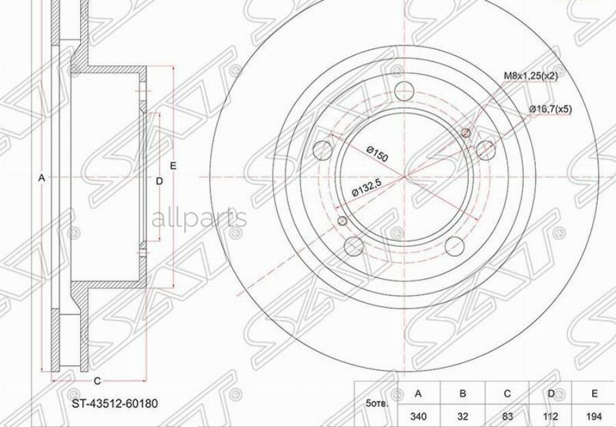 SAT ST-43512-60180 Диск тормозной (Перед) Toyota Land Cruiser (J200) 07-21 / Lexus LX 07-23