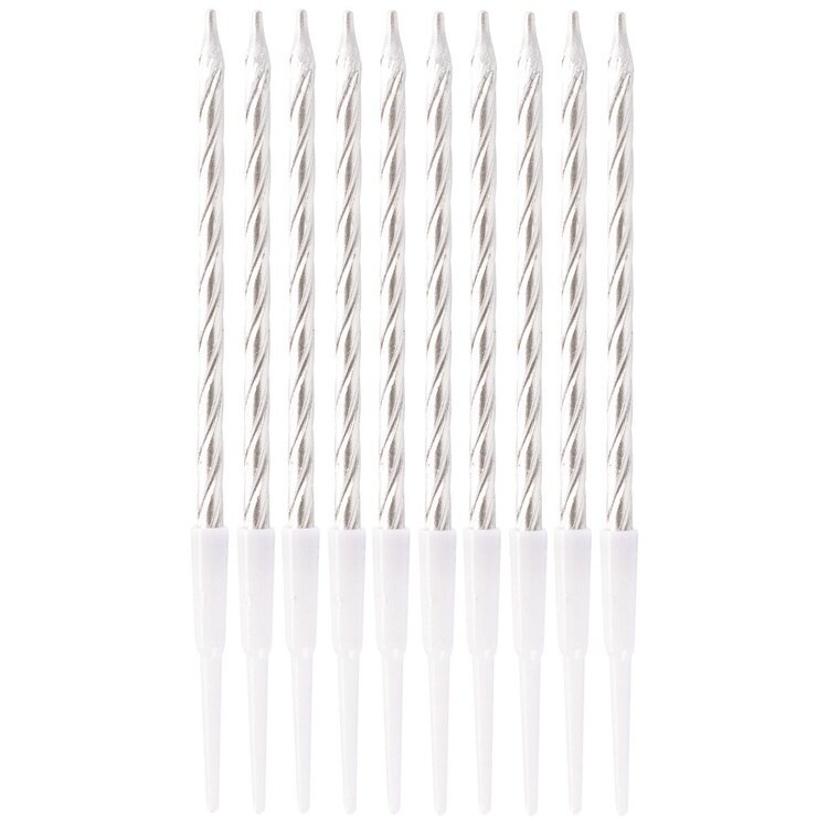 Свечи для торта Серебро с подставкой, 10 см, 10 штук