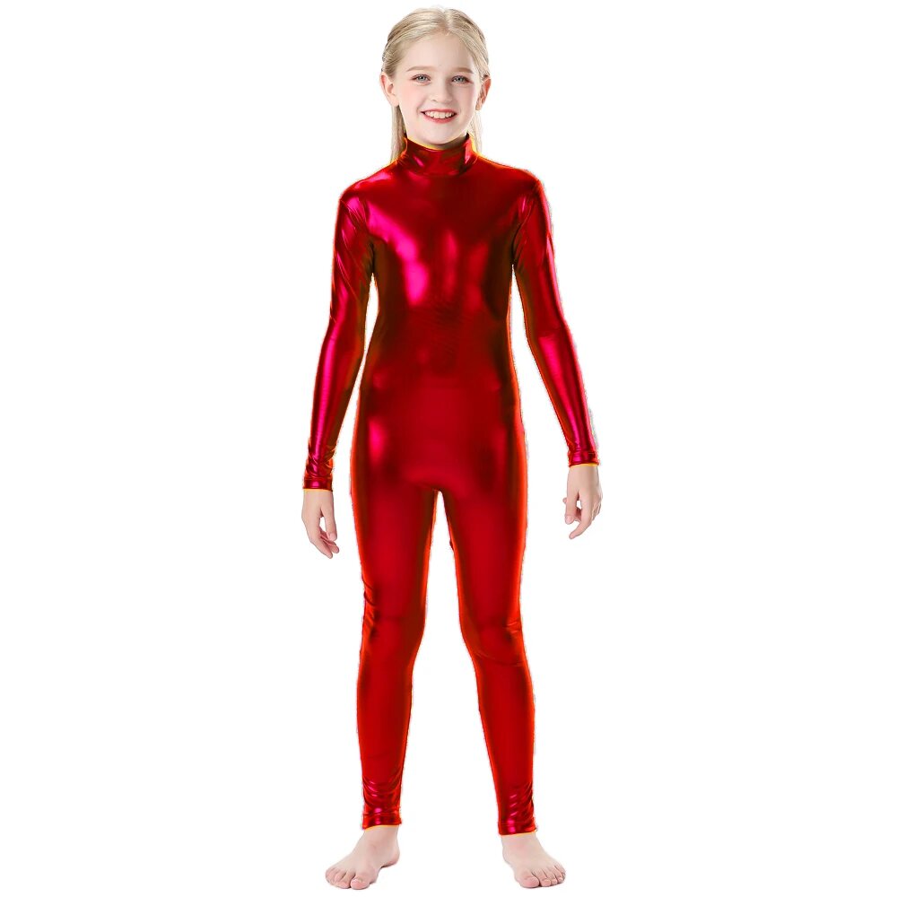 OVIGILY Детский блестящий металлический комбинезон для танцев Красный, М, red