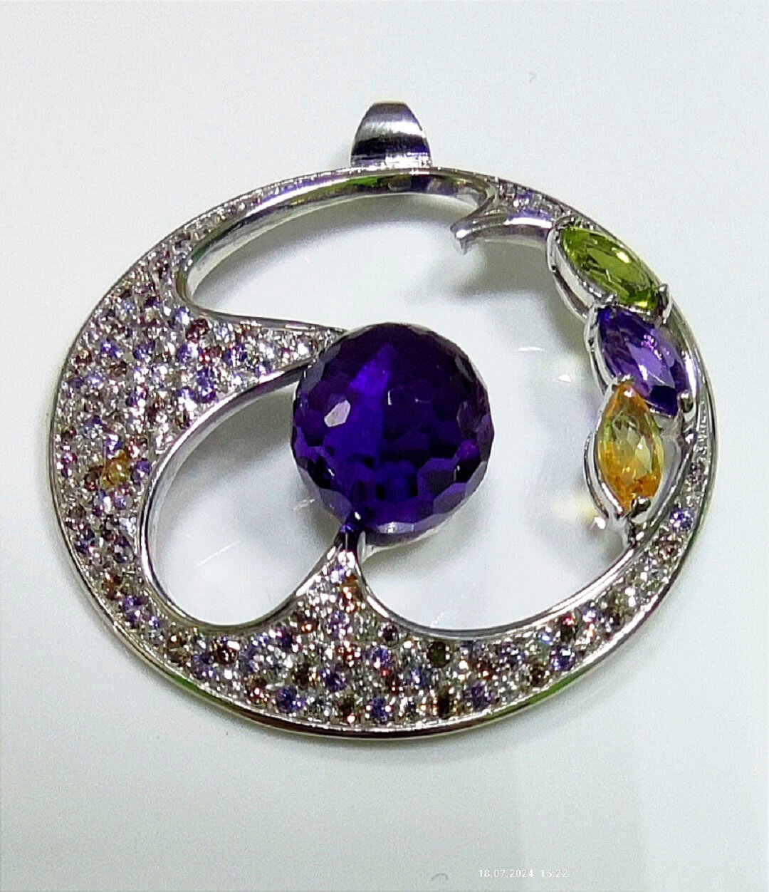 Подвеска, белое золото, 585 проба, родирование, хризолит, цитрин, аметист, фианит