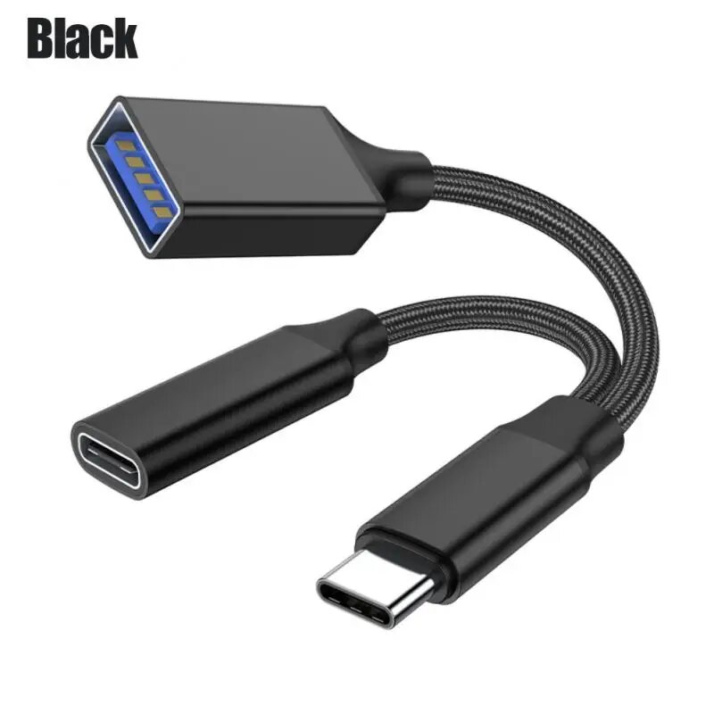 OTG 2 в 1 адаптер USB C к USB a, преобразователь передачи данных с портом зарядки, USB-разветвитель для iPhone 15 Samsung Xiaomi TYPE C 2 IN 1 Black