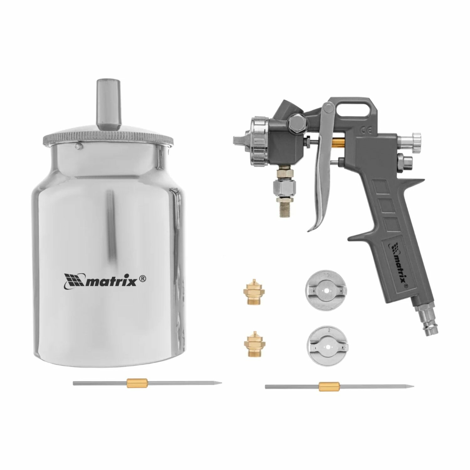 Краскораспылитель пневматический нижний бачок 1л + сопла ф1,2, Matrix, 57316