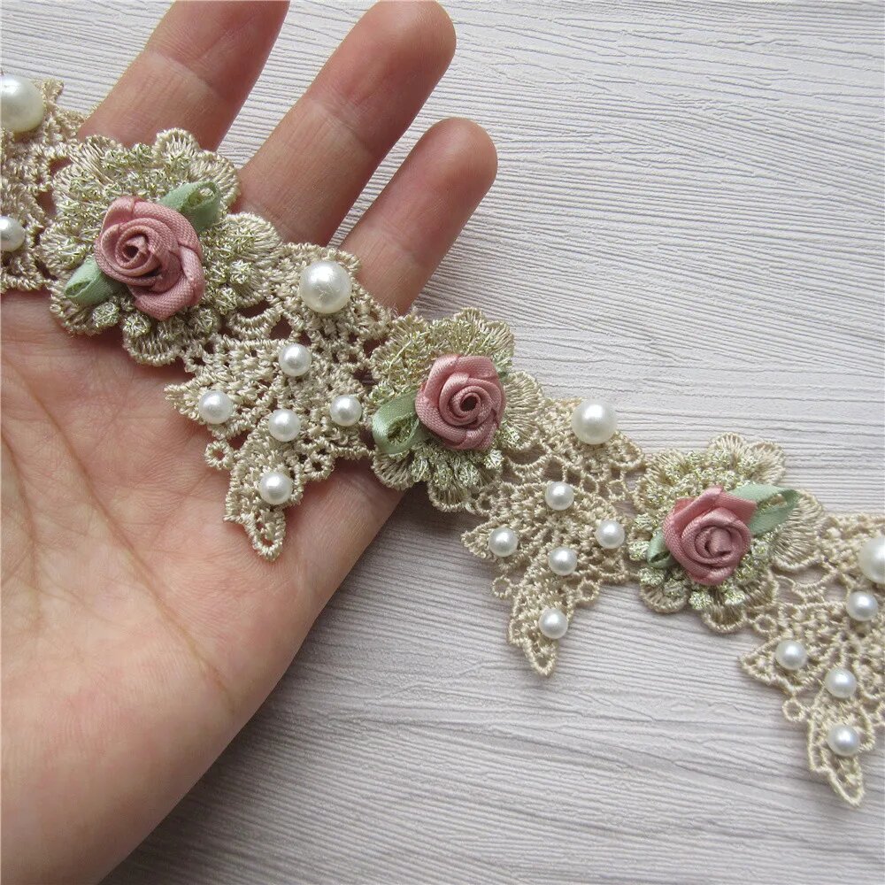 12 шт, жемчужные розовые цветы, Золотая кружевная отделка, вышитая кружевная лента, ткань в стиле пэчворк, швейное ремесло для украшения костюма, одежды