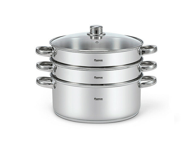 5210 FISSMAN Мантоварка SAADIYAT 28x12см / 7л с двумя вставками-пароварками 28x8см (нерж. сталь) Съемные вставки-пароварки; Ручки-нерж. сталь; Крышка-стекло; Индукция; Термоаккумулирующее многослойное дно
