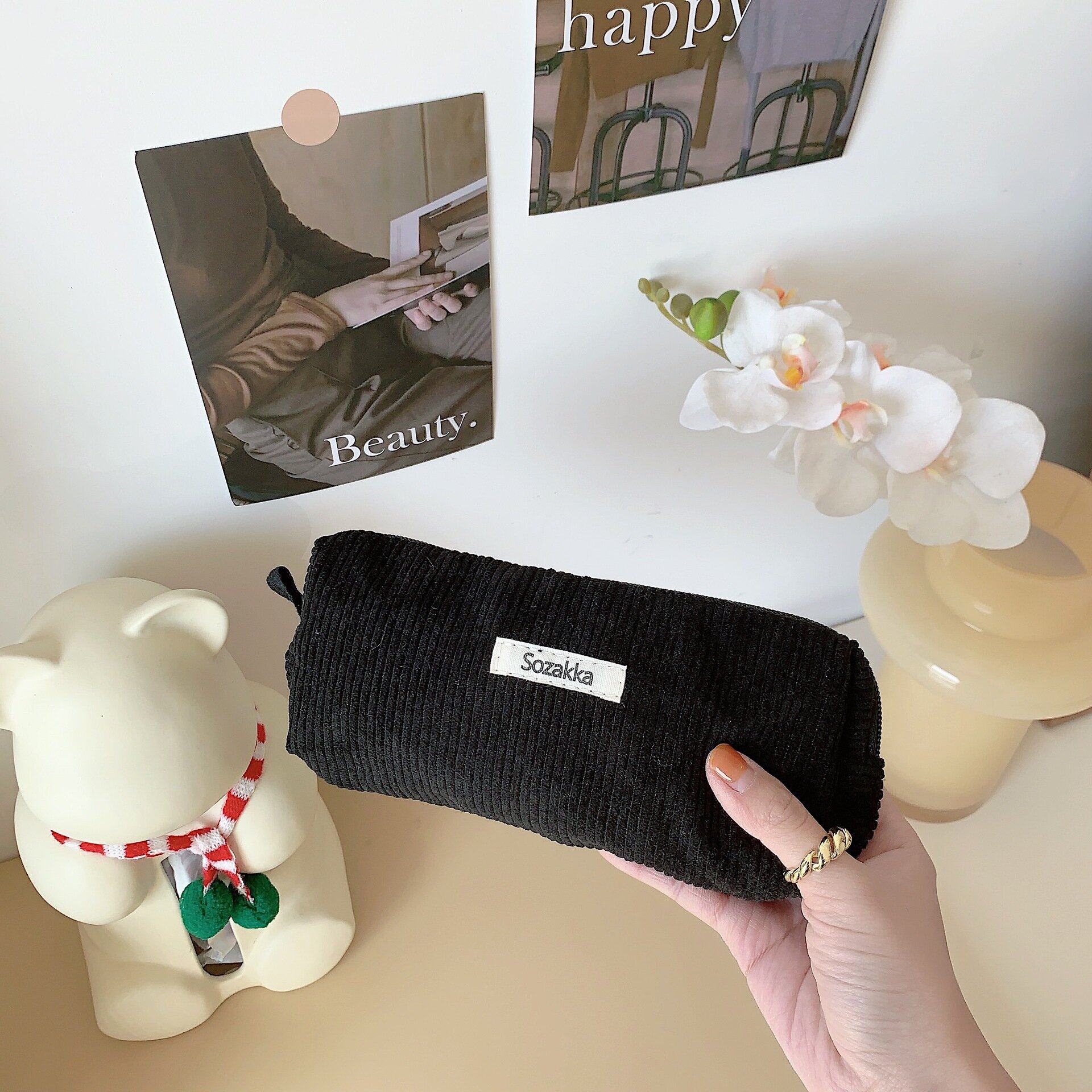 Пенал 32131, для карандашей, черный, вельвет, однотонный