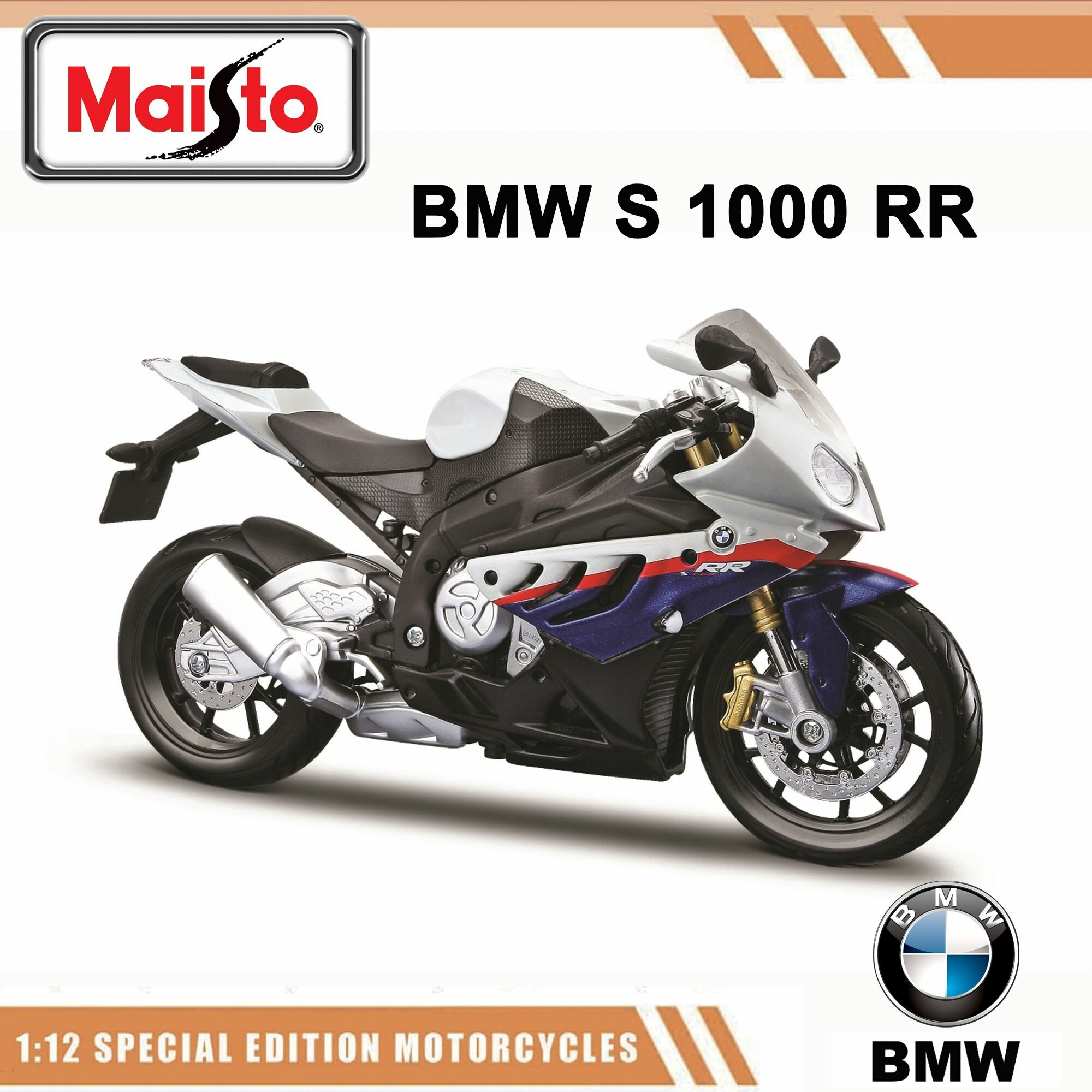 Металлический мотоцикл Maisto BMW S 1000 RR, коллекционная модель Маисто БМВ 1:12, бело-голубой, 32702