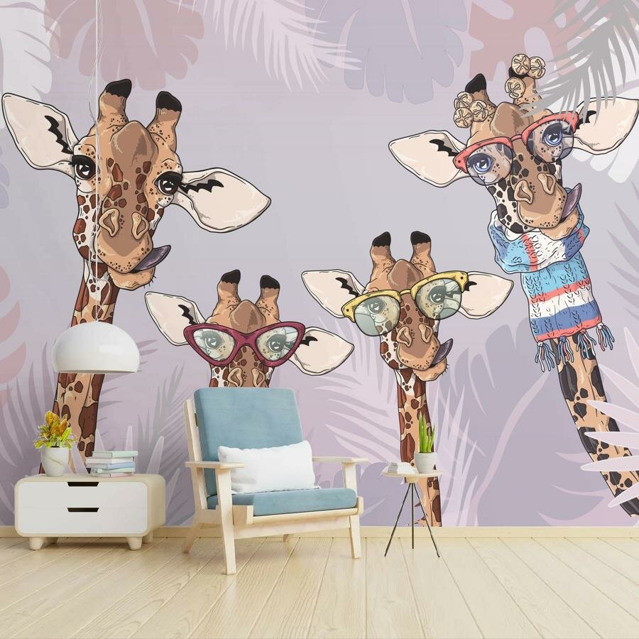 Фотообои Жирафы, веселая семейка 14-795-S-Холст 270 x 200 см (ВхШ) Бесшовные, флизелиновые, влагостойкие обои MasterFresok