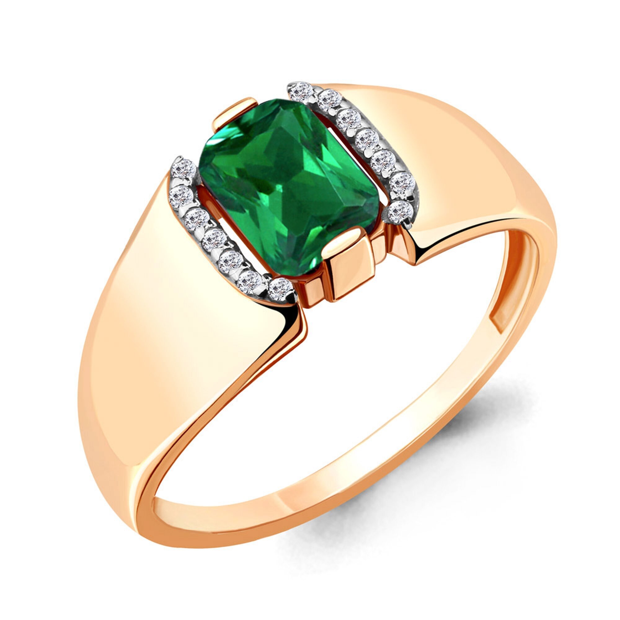 Кольцо широкое, серебро, 925 проба, золочение, изумруд синтетический, фианит