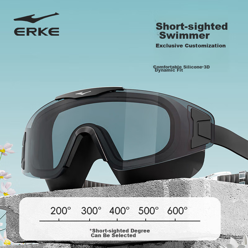 ERKE Swimming Goggles, Large Frame for Adults, Waterproof And Anti-Fog, High Definition, for Men And Women, Myopia Swimming Glasses, 300 Degrees, Black