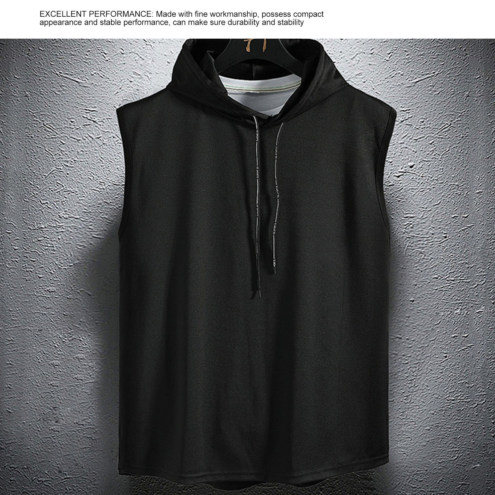 Мужская толстовка без рукавов с капюшоном, спортивная толстовка, жилет, топ, приятный для кожи, полиэстер, однотонный, черный, 2XL