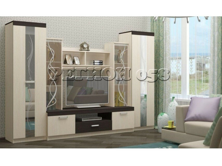Гостиная, изготовленная из ЛДСП, современная, (Ясень шимо светлый / Венге)