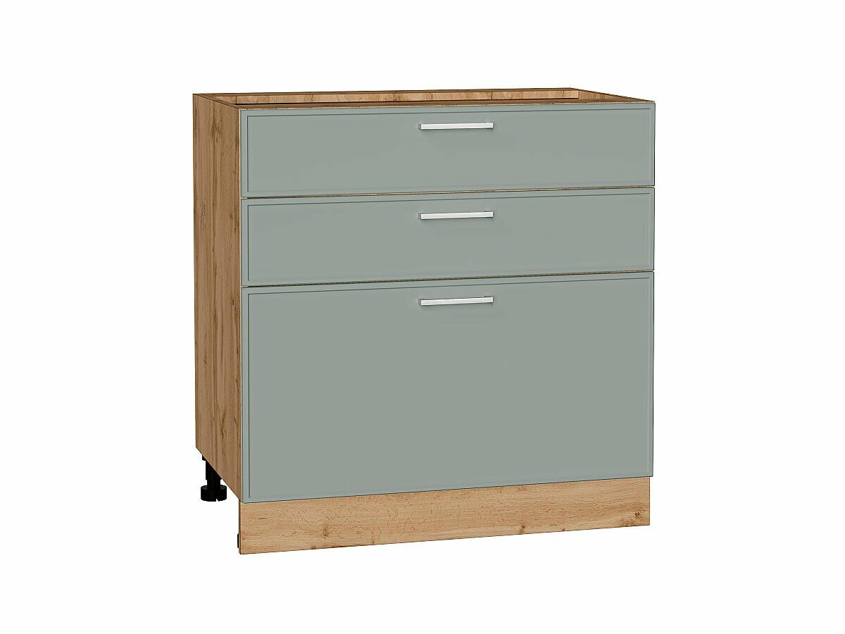 Шкаф нижний с 3-мя ящиками Квадро, цвет фасада Аквамарин, цвет каркаса Дуб Вотан, 816*800*481 мм
