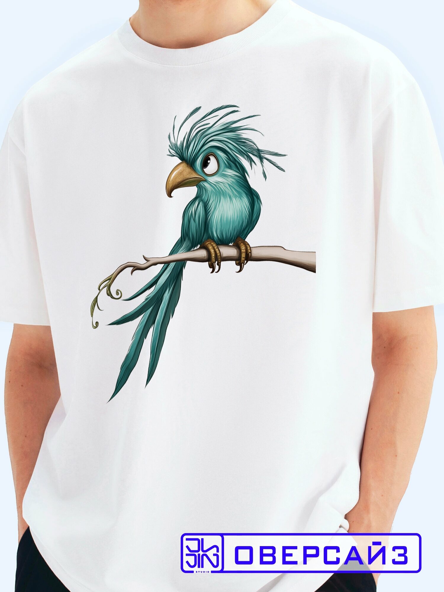 Футболка оверсайз мужская с принтом Оригинальный бирюзовый попугай на ветке морской волны среди природы, белый хлопковый трикотаж с прикольным рисунком на груди