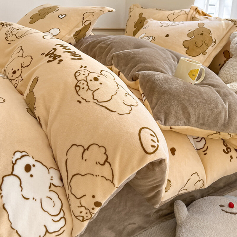 Зимний комплект постельного белья из флиса кораллового цвета из четырех предметов (класс А, пододеяльник из молочного флиса, утолщенное фланелевое постельное белье, простыни и пододеяльники на флисовой подкладке),150*200cm