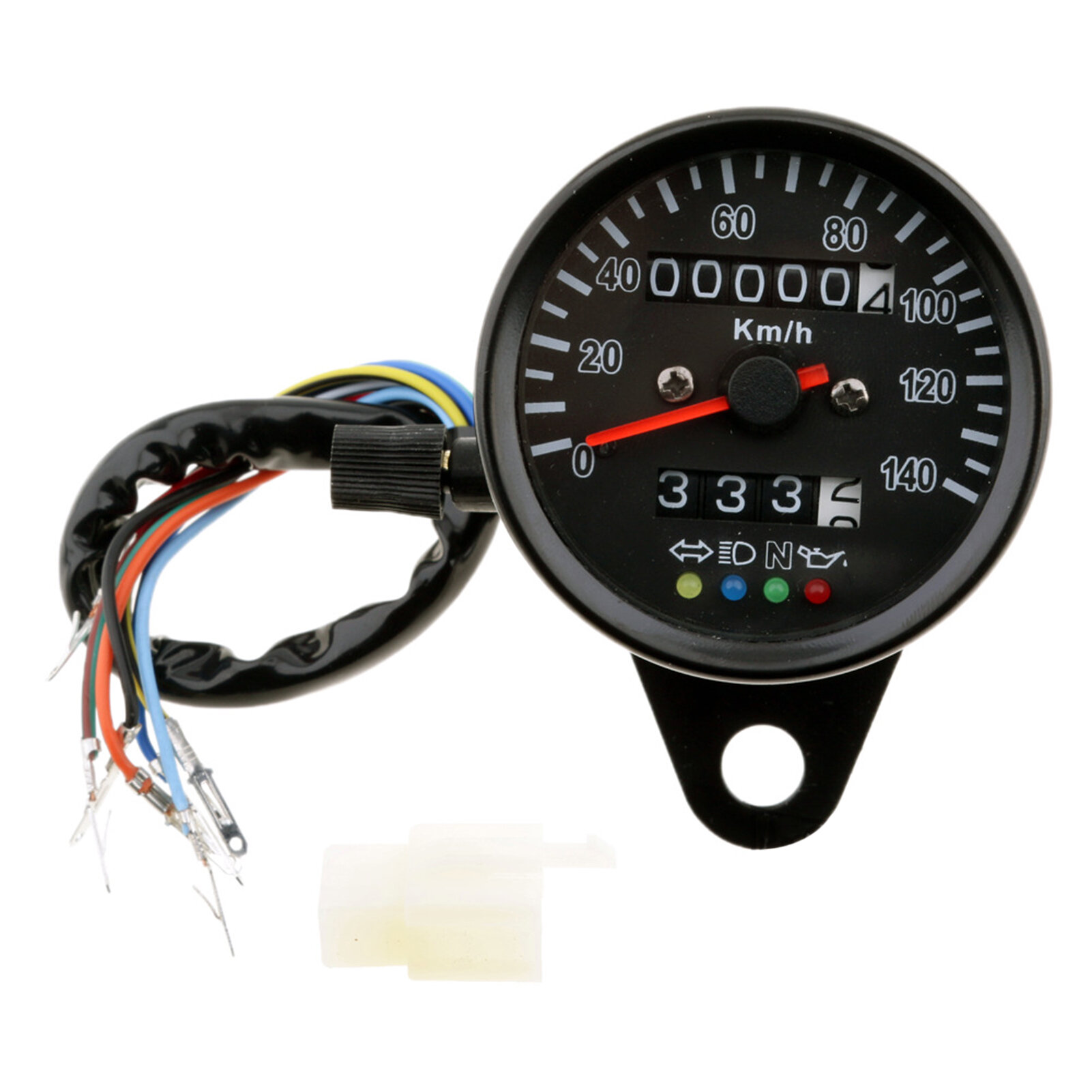 Механический спидометр для мотоцикла Cafe Racer Retro Custom с LED индикатором одометра 140 км/ч, черная оболочка, черная панель, металл, синий подсветка, DC12V, диаметр монтажа 9.7-10 мм, 1 шт, подставка для прибора V-образная, упаковка 10×10×5 см, вес