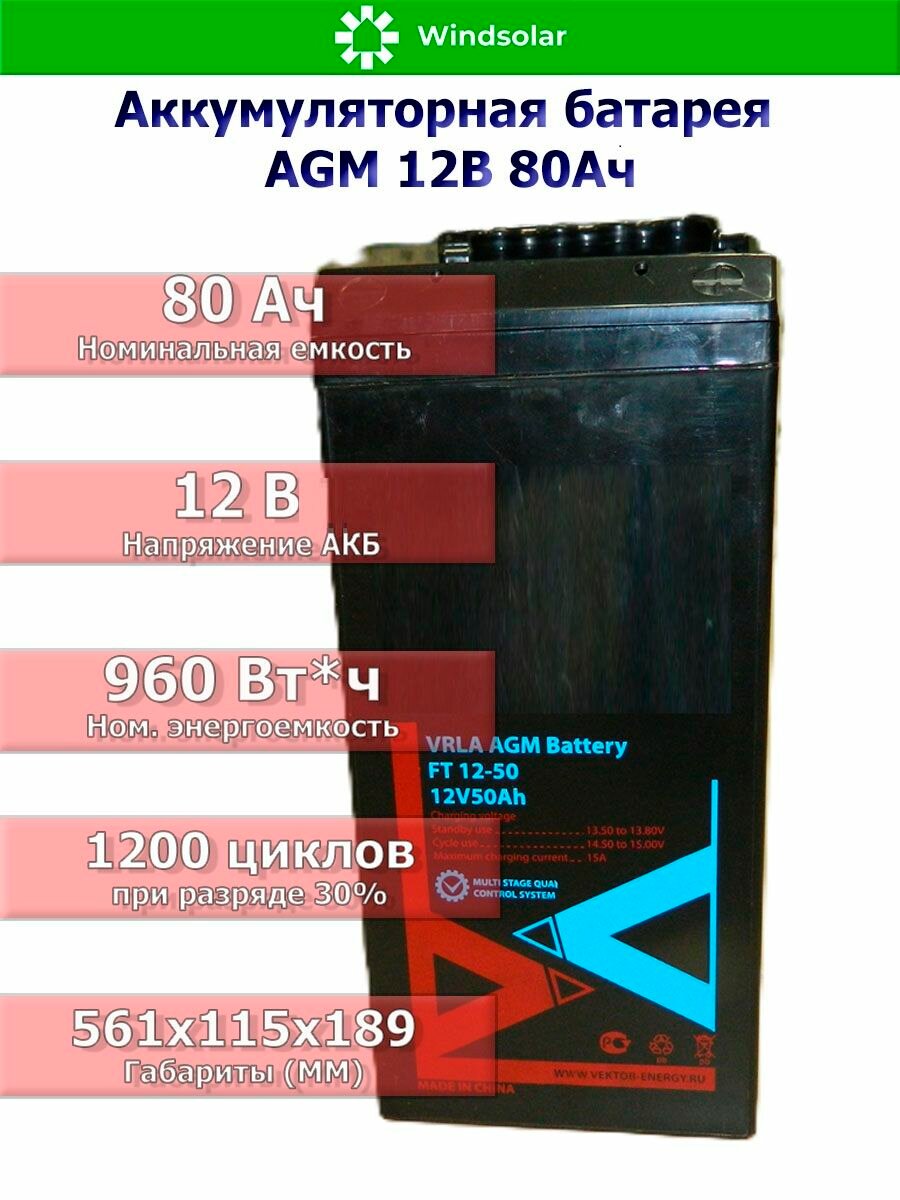 Аккумуляторная батарея 12В 80Ач, тяговый АКБ, длительный срок службы, AGM, не обслуживаемый