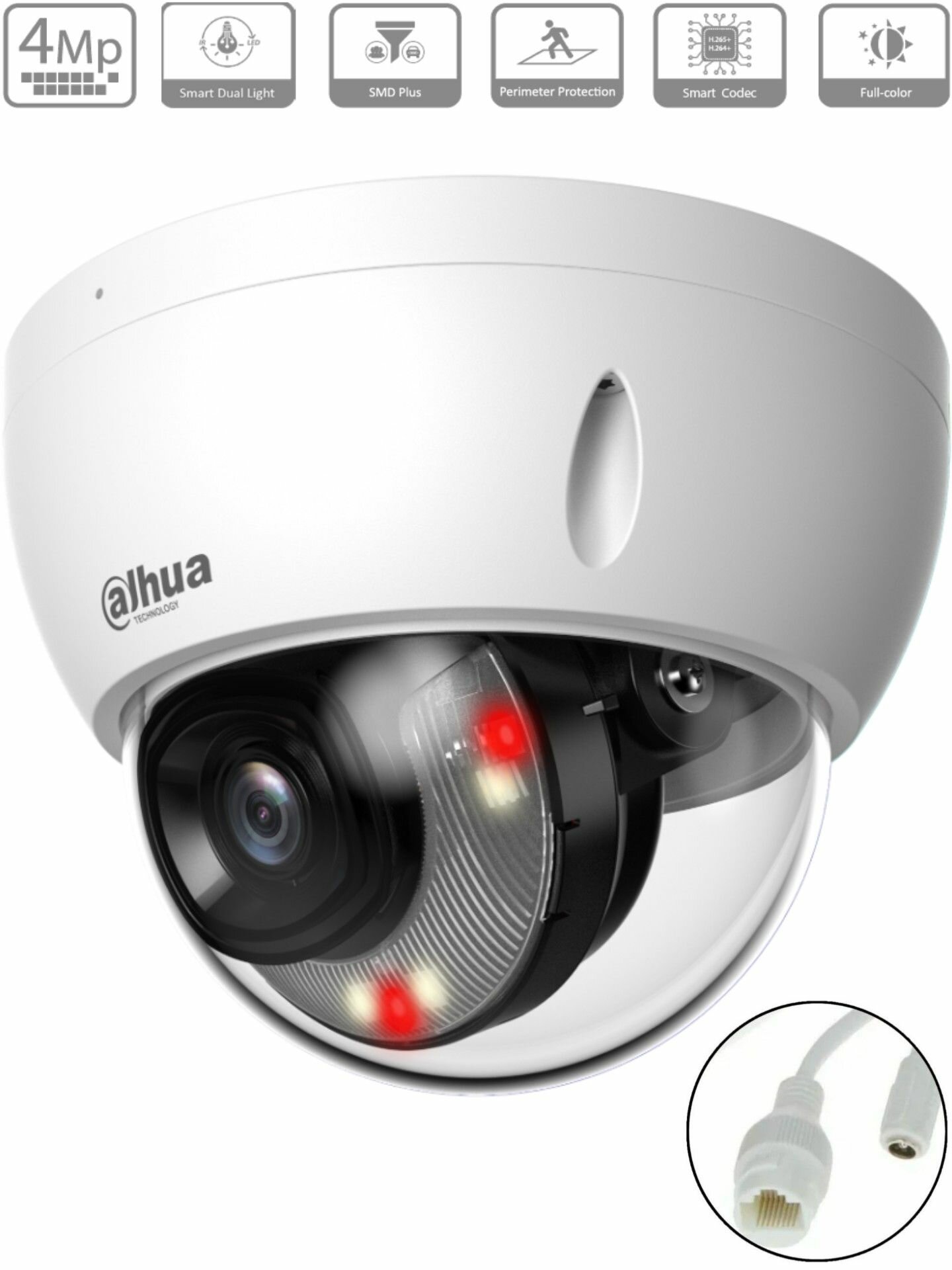 Dahua DH-IPC-HDBW2449EP-S-IL-0360B 4Мп 3,6 мм камера видеонаблюдения IP внутренняя и уличная, цифровая купольная антивандальная IP-видеокамера для улицы и помещений Full color ИК/LED подсветка