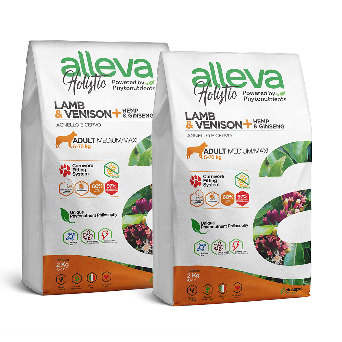 ALLEVA HOLISTIC ADULT DOG MEDIUM/MAXI LAMB & VENISON беззерновой для взрослых собак средних и крупных пород ягненок/оленина/конопля/женьшень (2 кг)