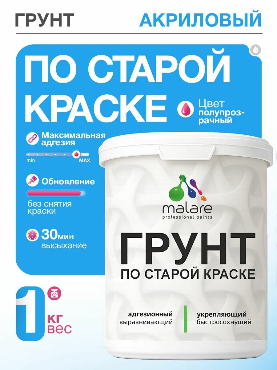 Грунт по старой краске Malare акриловый адгезионный универсальный, без запаха быстросохнущий, полупрозрачный, 1 кг.