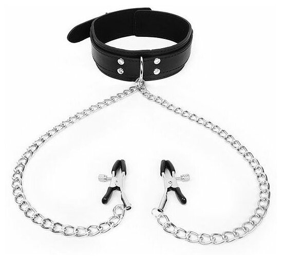 Черный ошейник с зажимами на соски на цепочке, черный, Унисекс, поливинилхлорид (ПВХ, PVC),