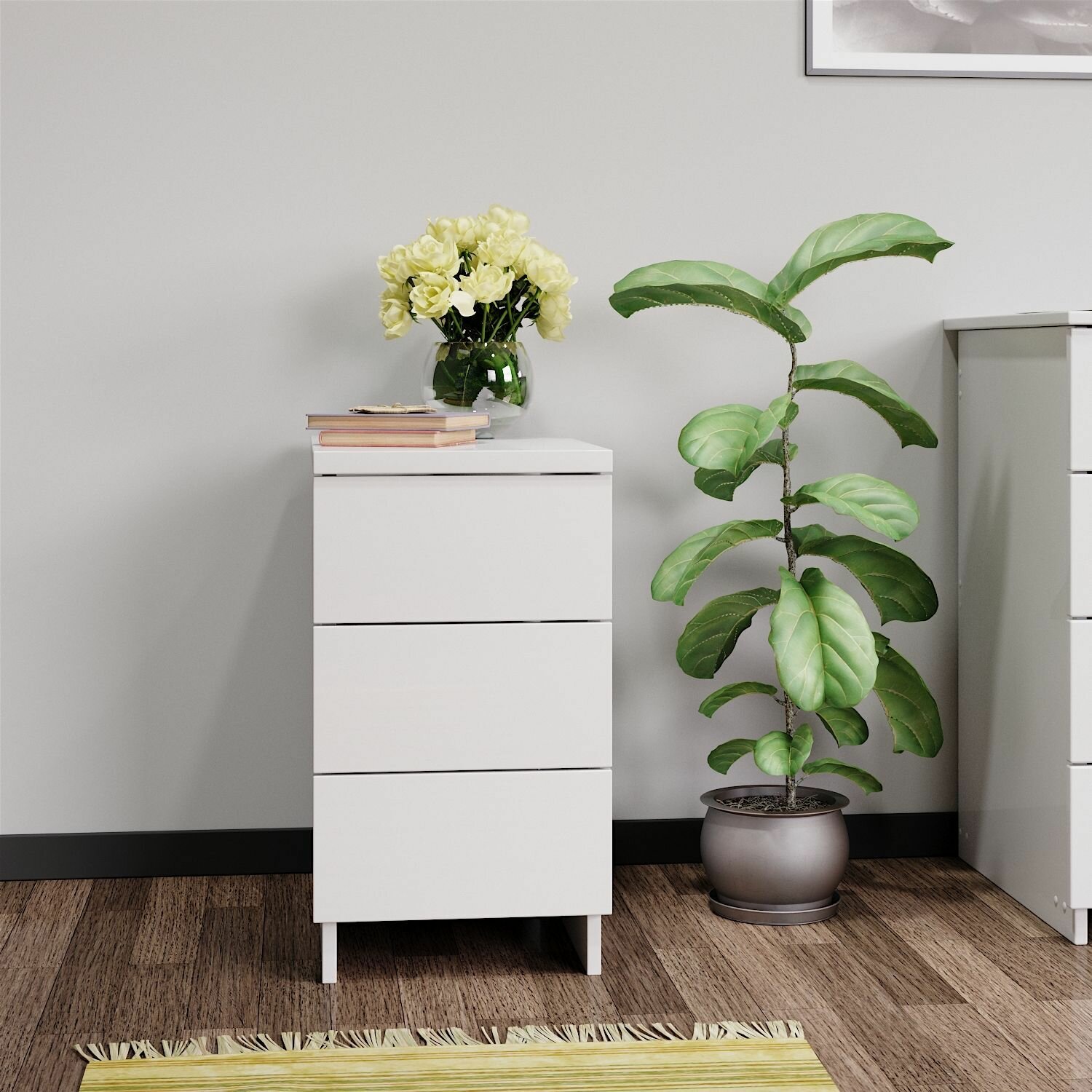 Тумба прикроватная, офисная с ящиками, тумба для спальни, на кухню и ванную белая domokomod c 3 ящиками 33*50*59