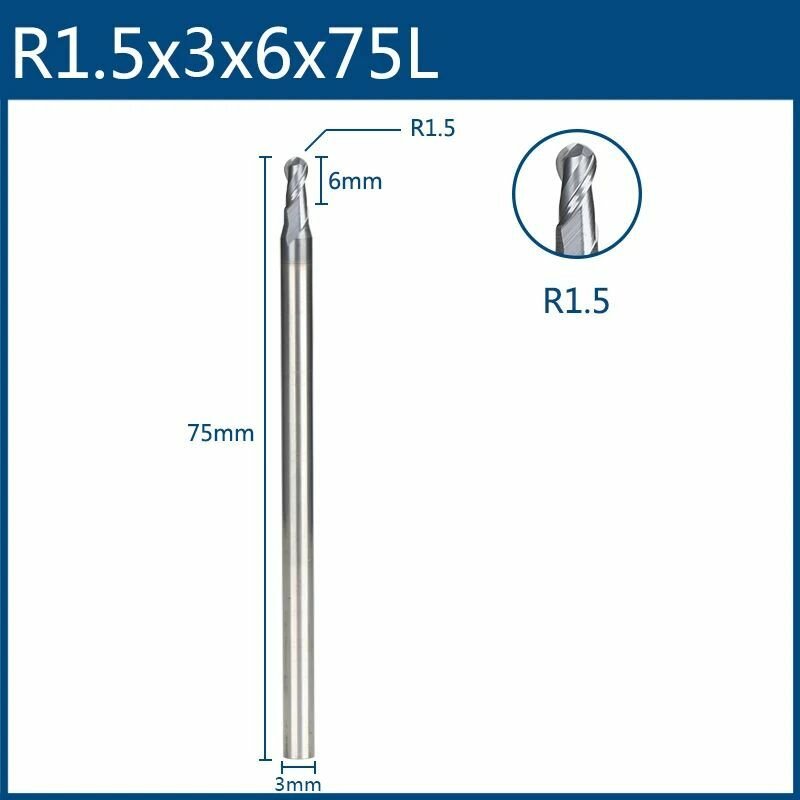 Фреза сферическая XCAN, 1,5x3x6x75мм твердосплавная HRC55 Фреза по металлу для станка ЧПУ