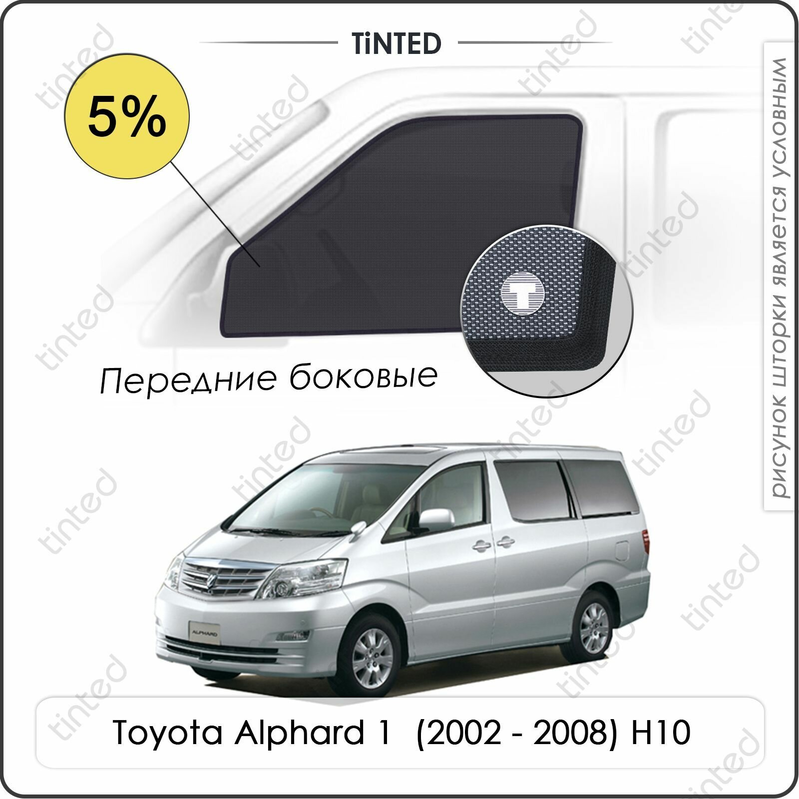 Шторки на автомобиль солнцезащитные Toyota Alphard 1 Минивэн 5дв. (2002 - 2008) H10 на передние двери 5%, сетки от солнца в машину тойота альфард, Каркасные автошторки Premium