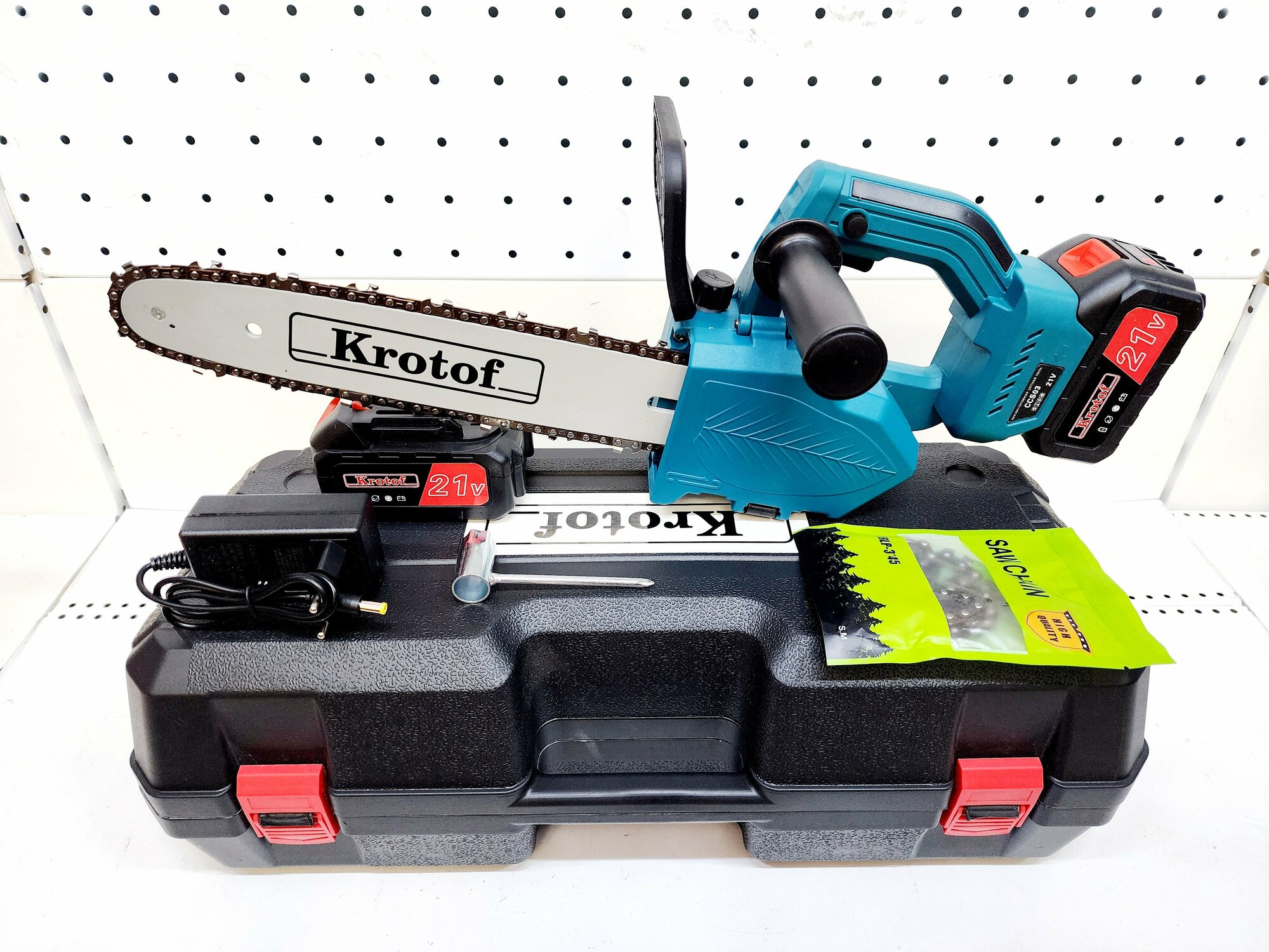Мини пила цепная аккумуляторная Krotof, шина 12", 21В, 4Ач, кейс, запасная цепь в комплекте