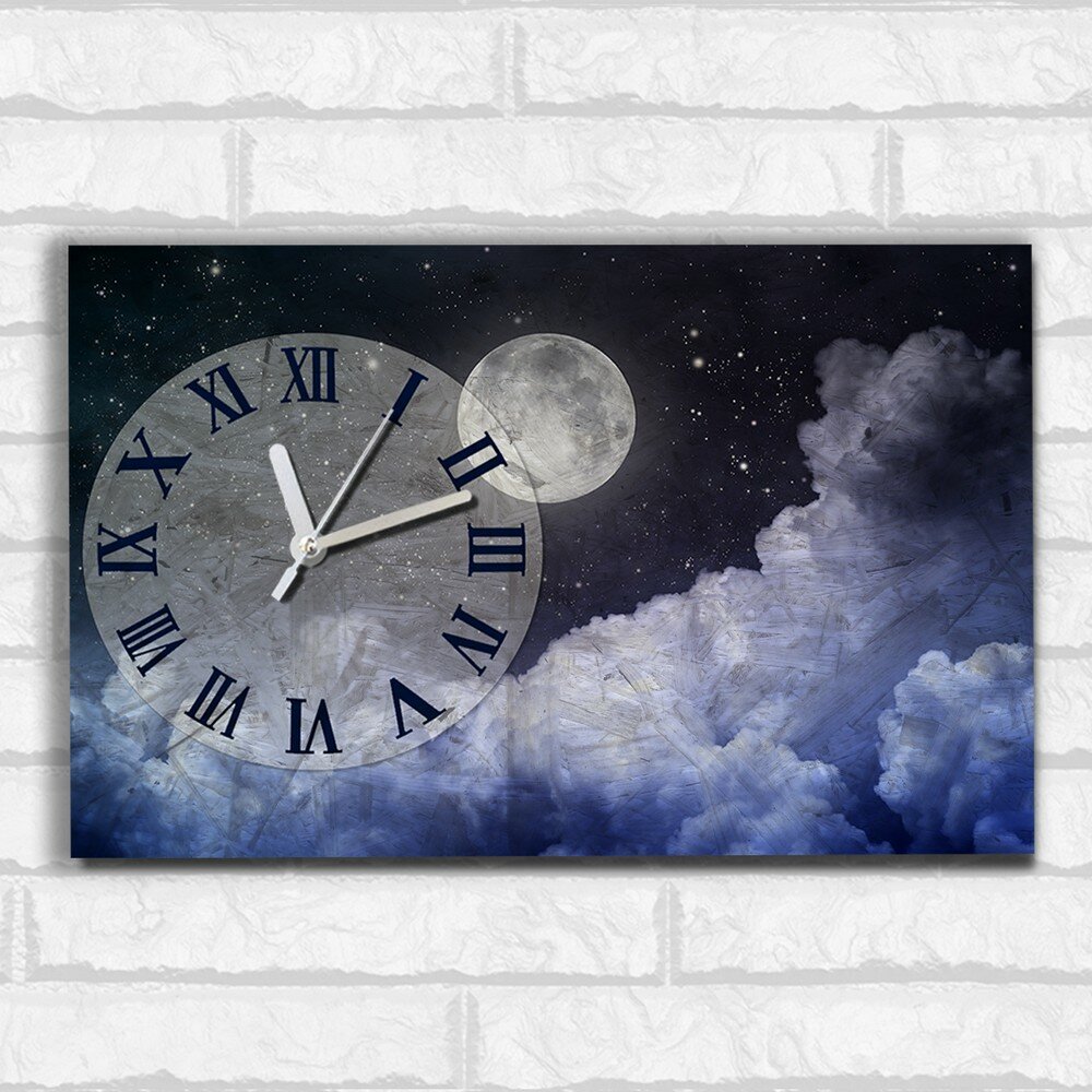 Настенные бесшумные часы ОСБ со смещенным циферблатом Облака небо (ночь, Луна, Звезды, милота, Подарок для мамы, бабушки сестры, подруге) - 886