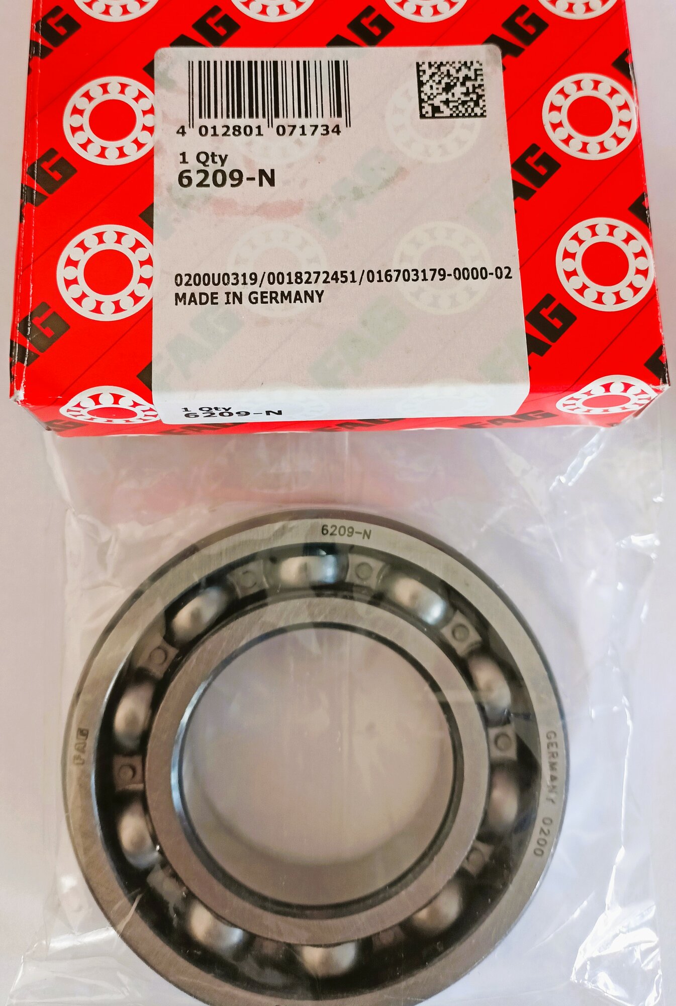 Подшипник FAG 6209-N шариковый радиальный однорядный (45х85х19)