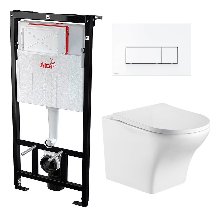 Комплект 3 в 1 инсталляция AlcaPlast + Подвесной унитаз WeltWasser Odenbach 004 GL-WT + кнопка белая
