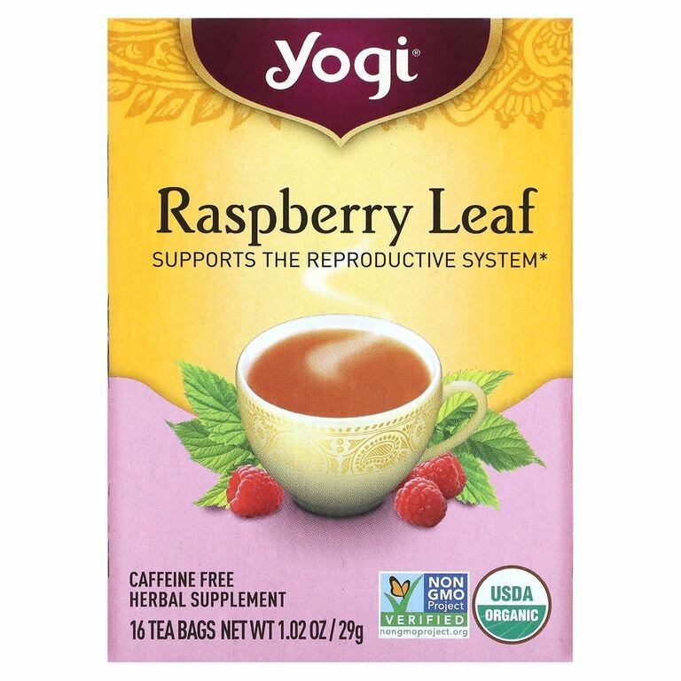Yogi Tea, Raspberry leaf, листья органической малины, поддержка репродуктивной системы, чай без кофеина, 16 чайных пакетиков