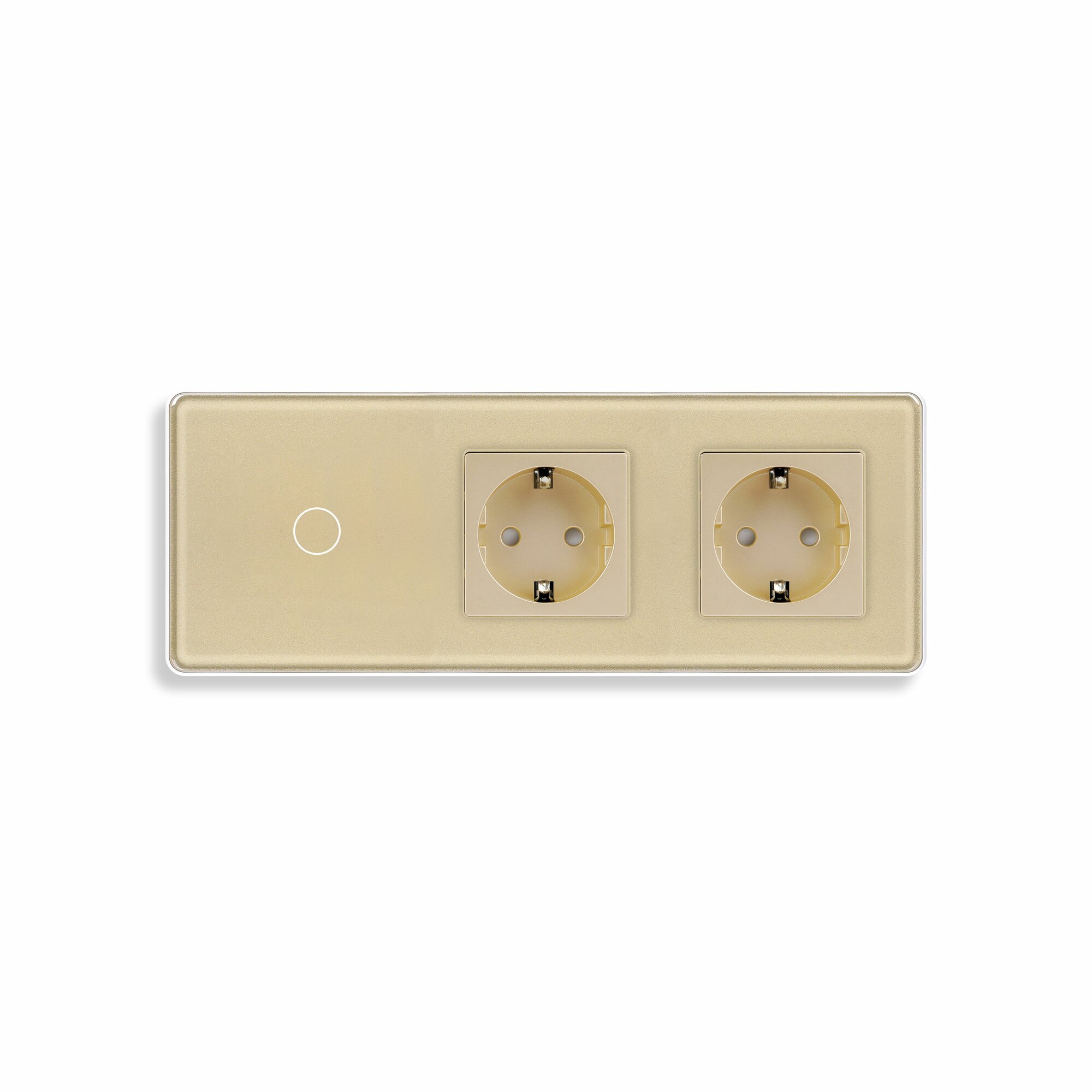 Сенсорный выключатель с розеткой 1кл. 2 розетки, 3 поста (1G+2EU) стекло 2.5D 228х86мм цвет золотой