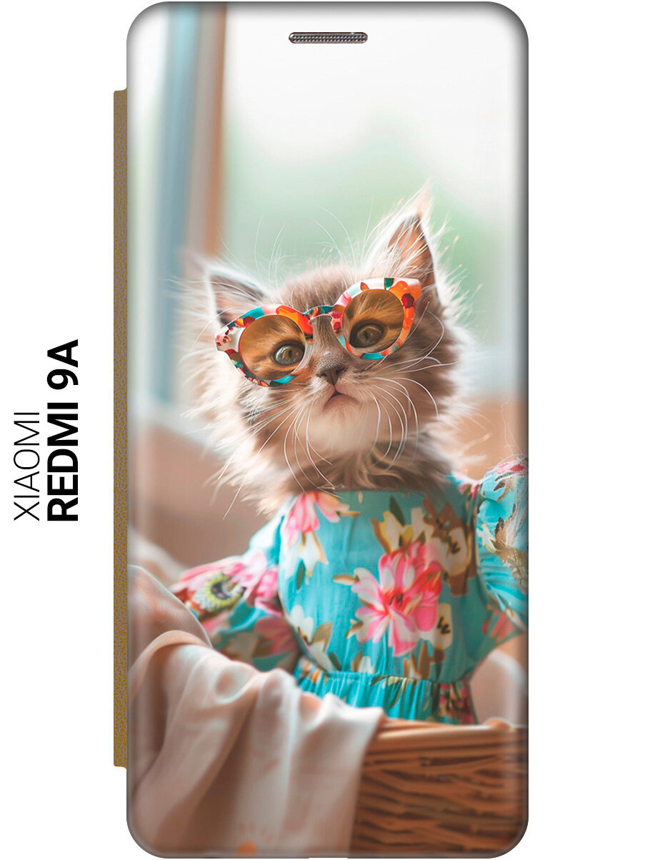 Чехол-книжка на Xiaomi Redmi 9A / Сяоми Редми 9А с рисунком "Кошечка в голубом платье" золотой