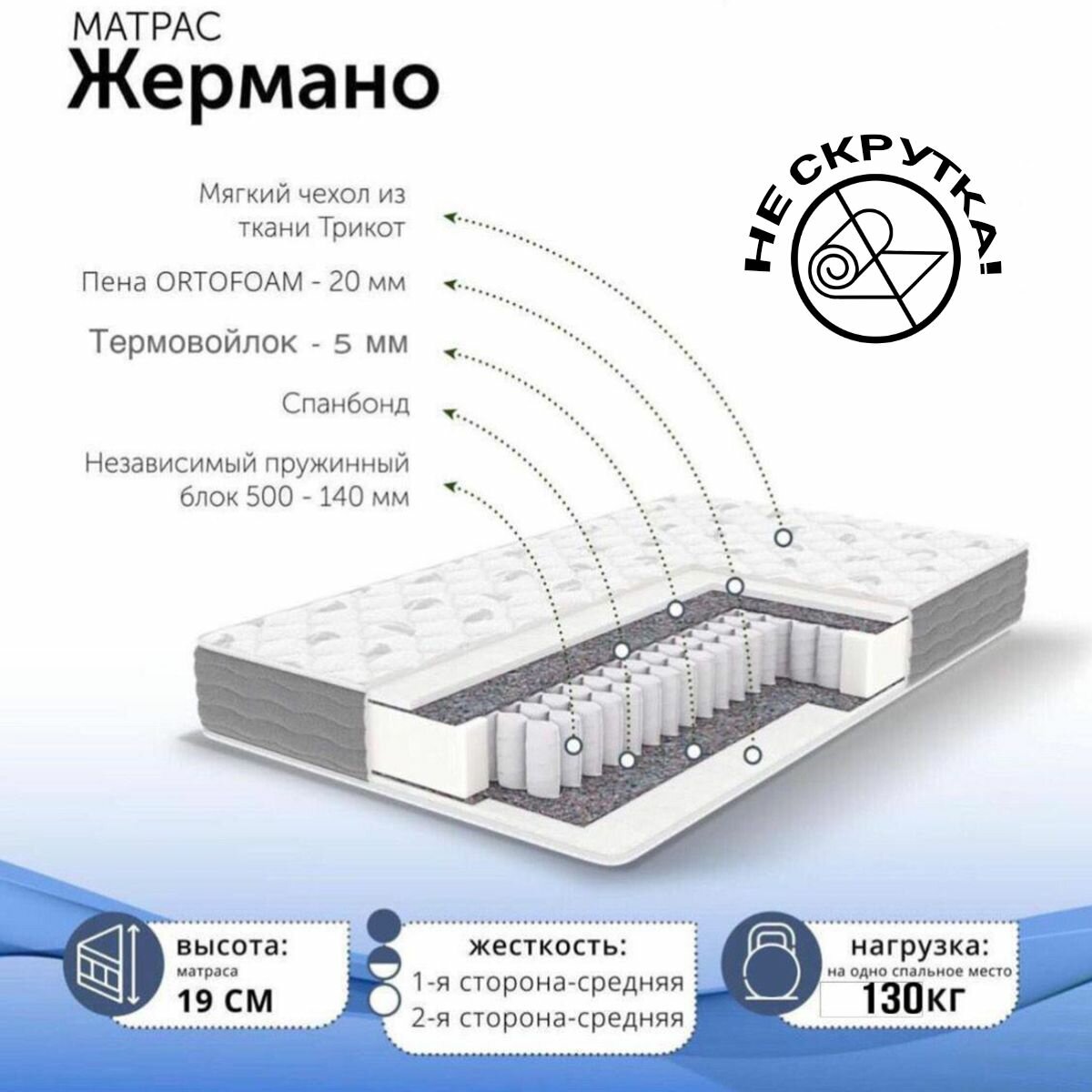 Матрас 160х200 ортопедический , высота 19 см, двухсторонний, средняя жесткость