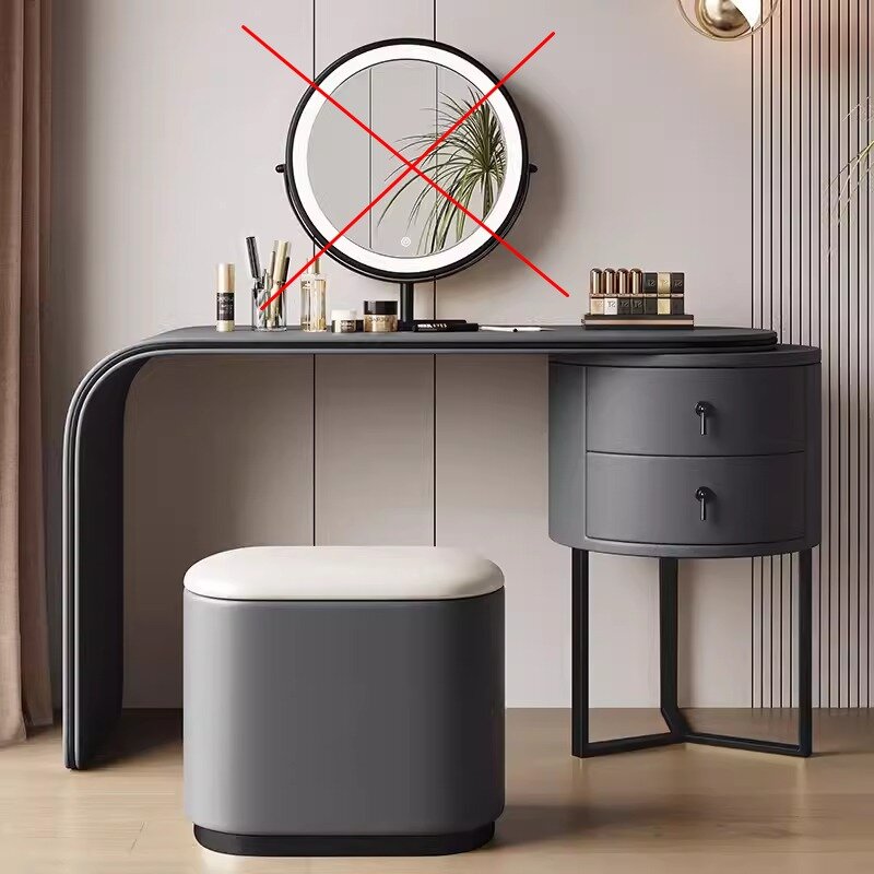 Элегантный туалетный столик 80 см покрытый кожей с круглой тумбой и изогнутой столешницей - черный металл (темно-серый столик + пуф без зеркала)