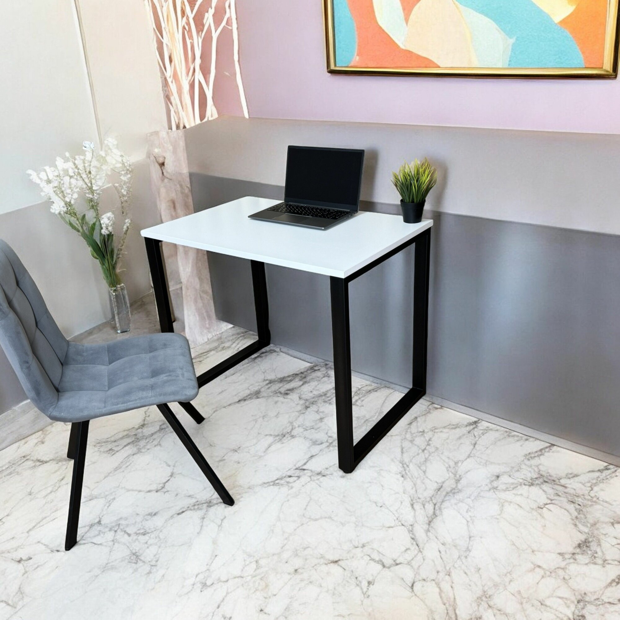 Игровой компьютерный стол/ Лофт, 90*60 см, цвет столешницы Белый, Ножки лофт черные