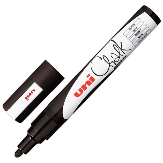Маркер меловой Uni "Chalk", 1,8-2,5 мм, черный, влагостираемый, для гладких поверхностей, PWE-5M BLACK