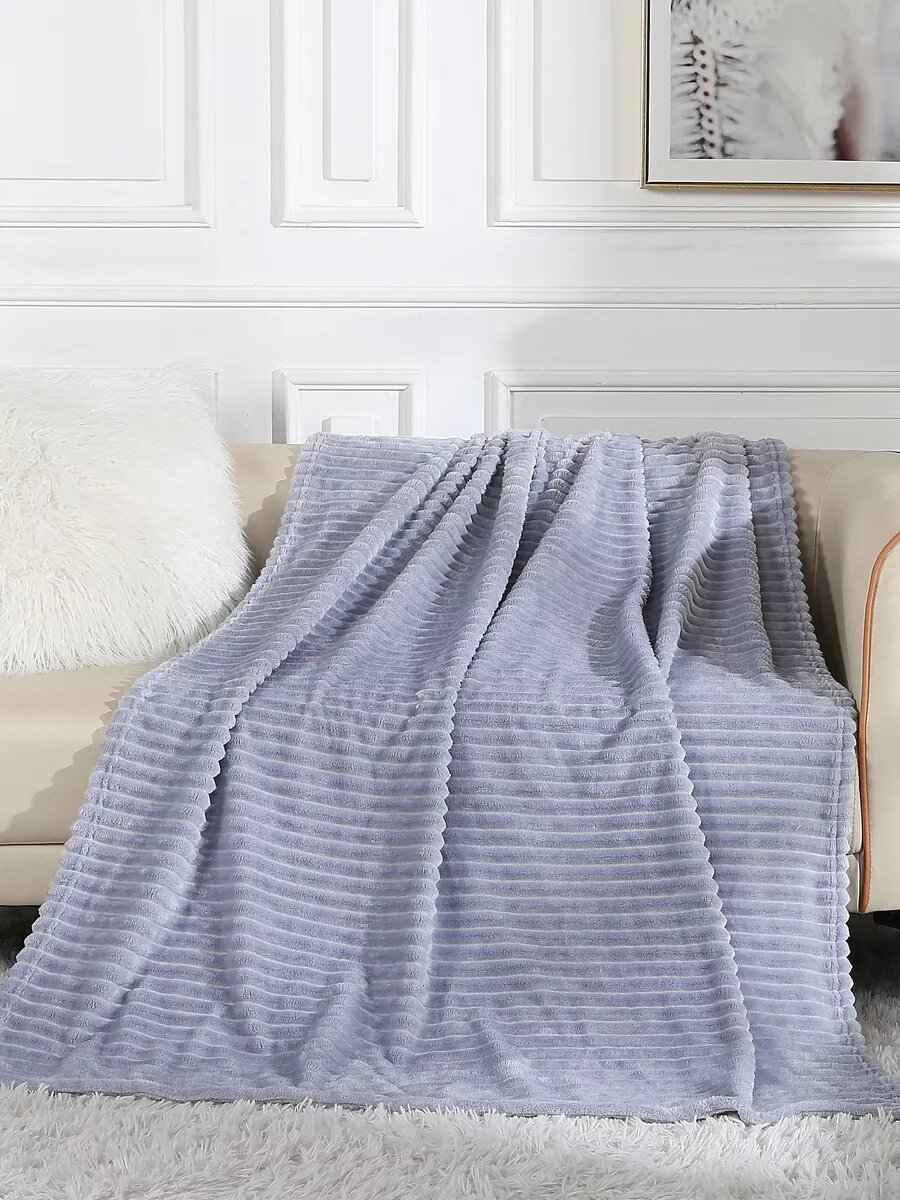 Плед 200x220см полосатый сиреневый велсофт/плюш/флис на кровать и диван