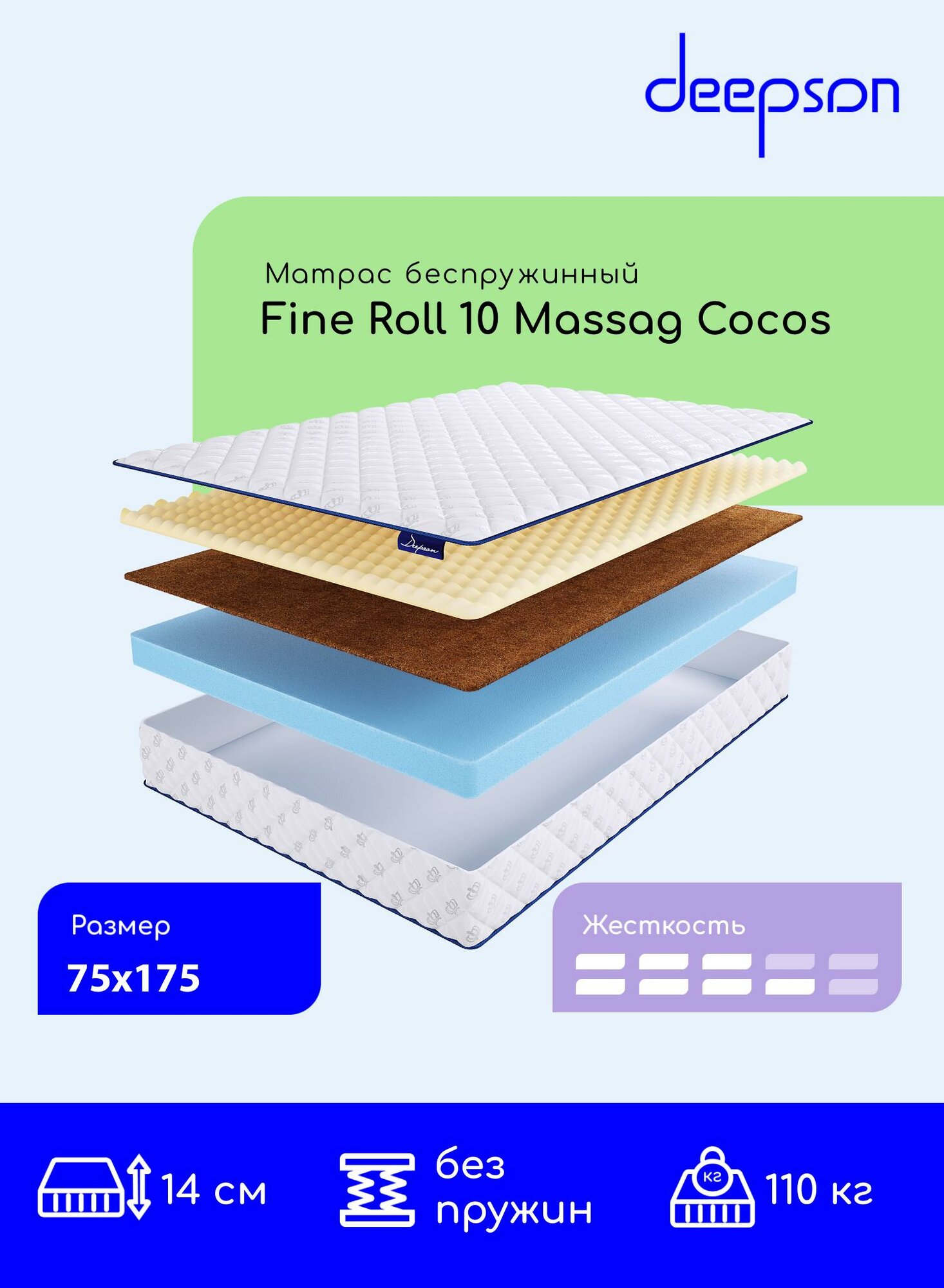 Матрас 75x175 ортопедический беспружинный Deepson Fine Roll 10 Massage Cocos