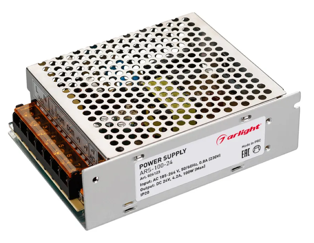 Драйвер Arlight / Арлайт ARS-100-24 для светодиодных изделий, сетка в металлическом корпусе, серый, 130х98х40мм, 4.2А, 100Вт, 24В / блок питания