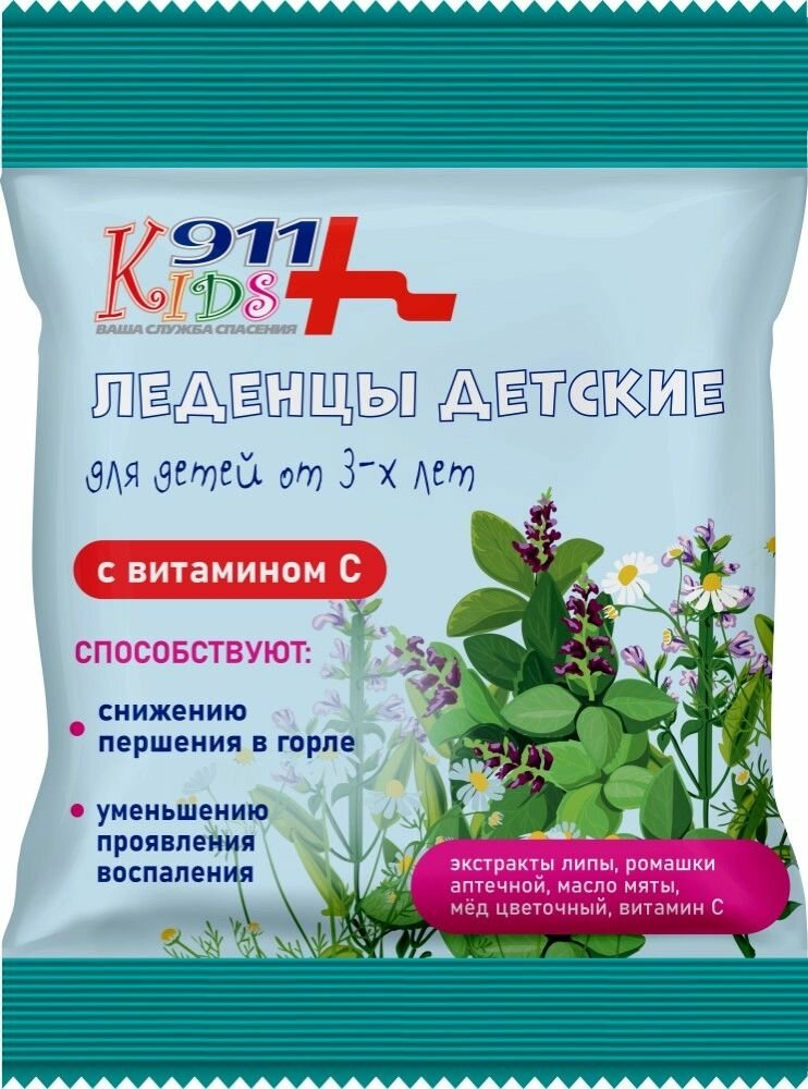 911 Kids, леденцы с экстрактами липы, ромашки аптечной, медом и витамином С, 50 г