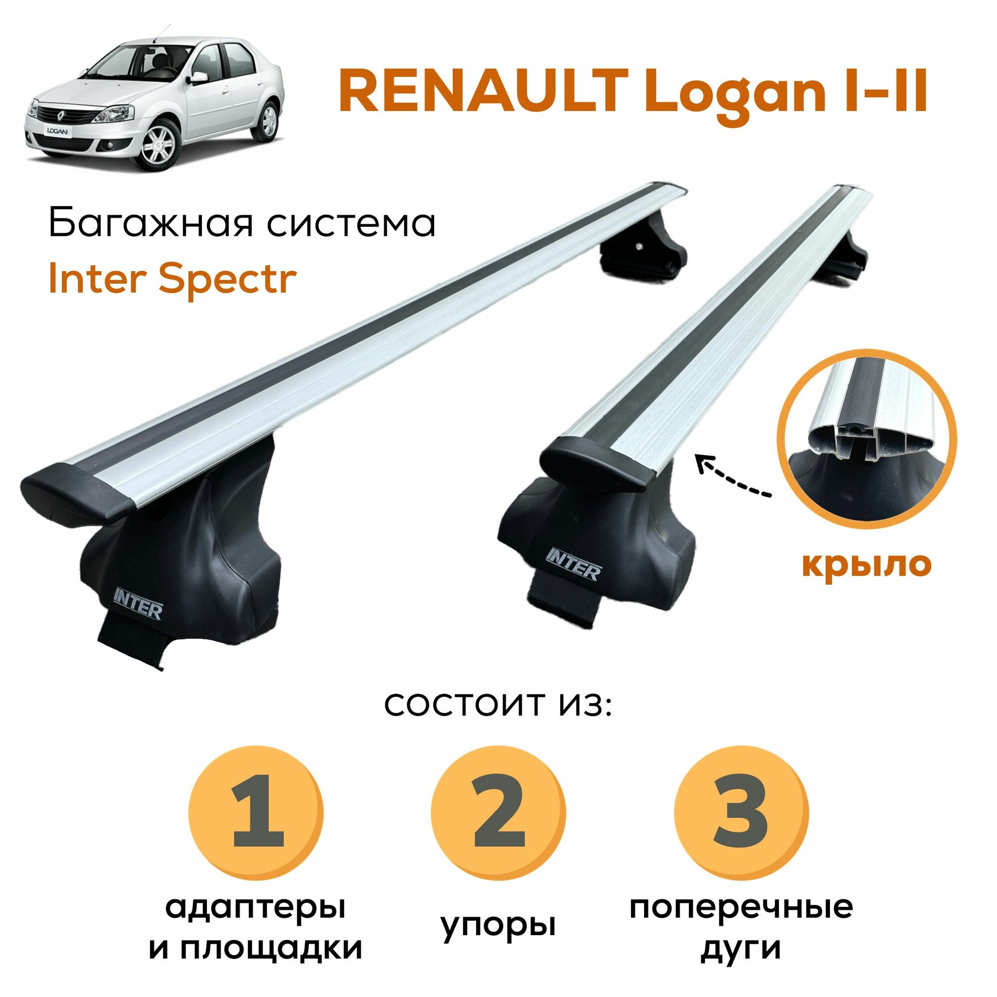 Багажник для Renault Logan I-II (Рено Логан), Inter Spectr крыло 120см на гладкую крышу с креплением в штатное место в дверном проеме