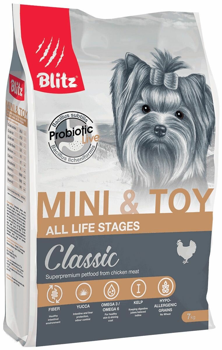 Сухой корм BLITZ CLASSIC ADULT MINI & TOY BREEDS CHICKEN для взрослых собак маленьких пород (7 кг)