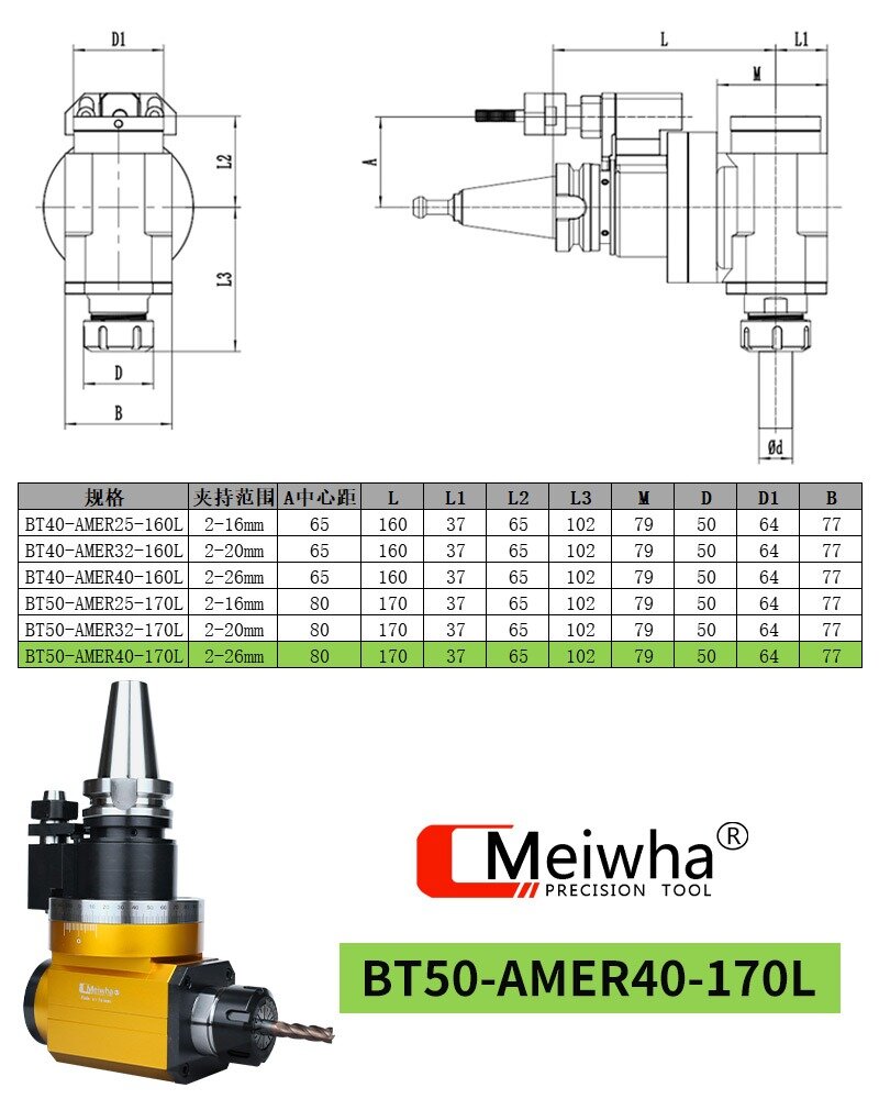 BT50-ER40-170L，Боковая фрезерная головка, под прямым углом, 90°, BT50-ER40-170L