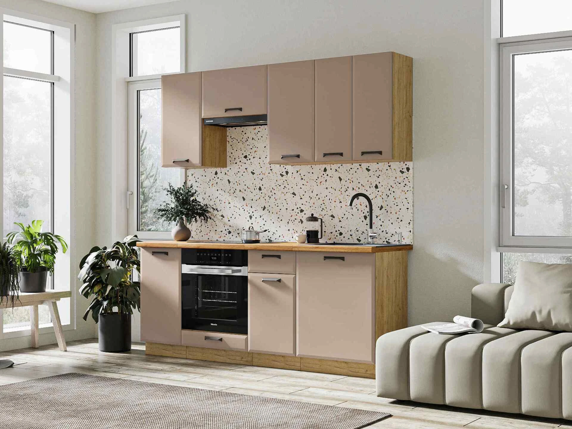 Кухонный гарнитур Призма 200х216х60 см, цвет дуб крафт золото/мокко суперматовый/дуб вотан